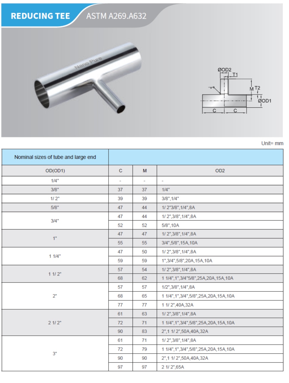 Nanopure. REDUCING TEE ASTM A269.A632 Size A
